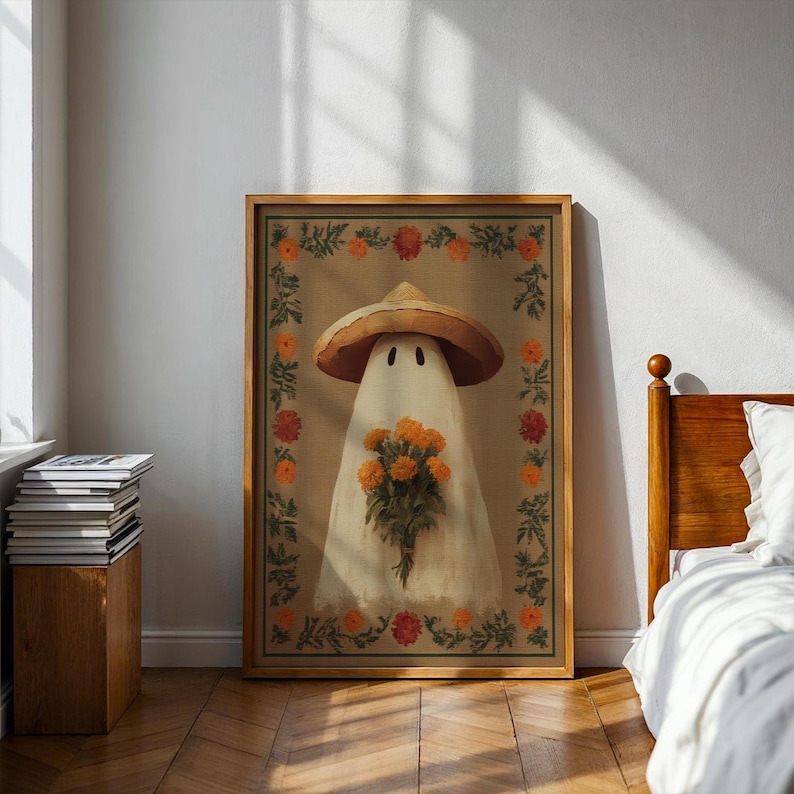 Mexican Ghost Wall Art | Campesino Ghost With Sombrero & Marigolds ...