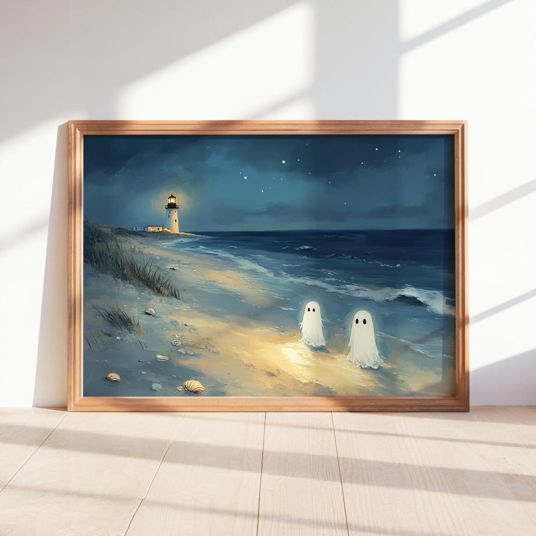Coastal Halloween Ghost Print: Spooky Beach Lighthouse Art (digital ...