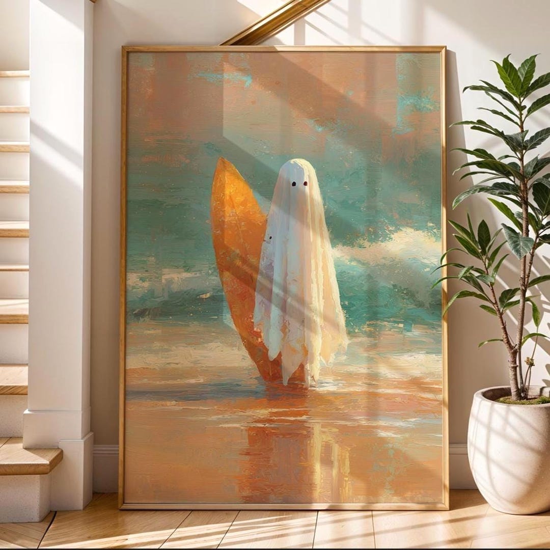 Ghost Surfer Beach Print: Whimsical Coastal Halloween Art (digital ...