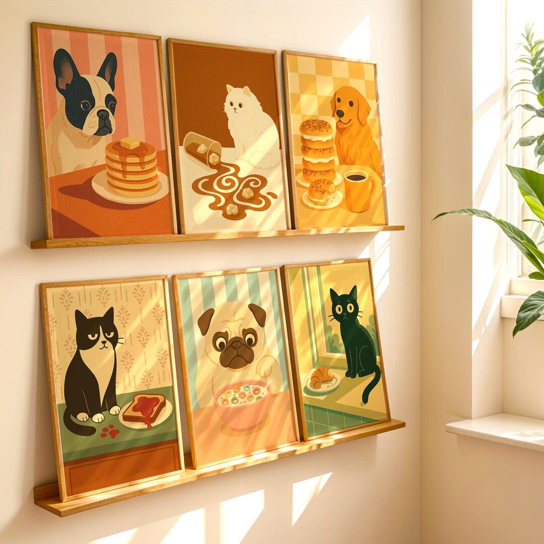 Retro Breakfast Nook Pet Wall Art Set 6 Funny Cat and Dog Printable ...