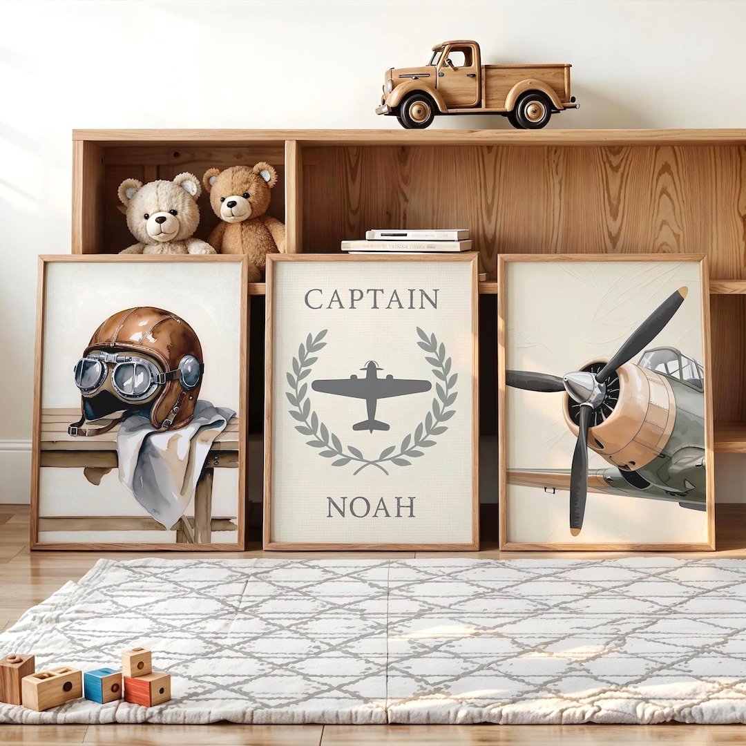 Customizable Pilot Nursery Wall Art Set Vintage Aviator Helmet and ...