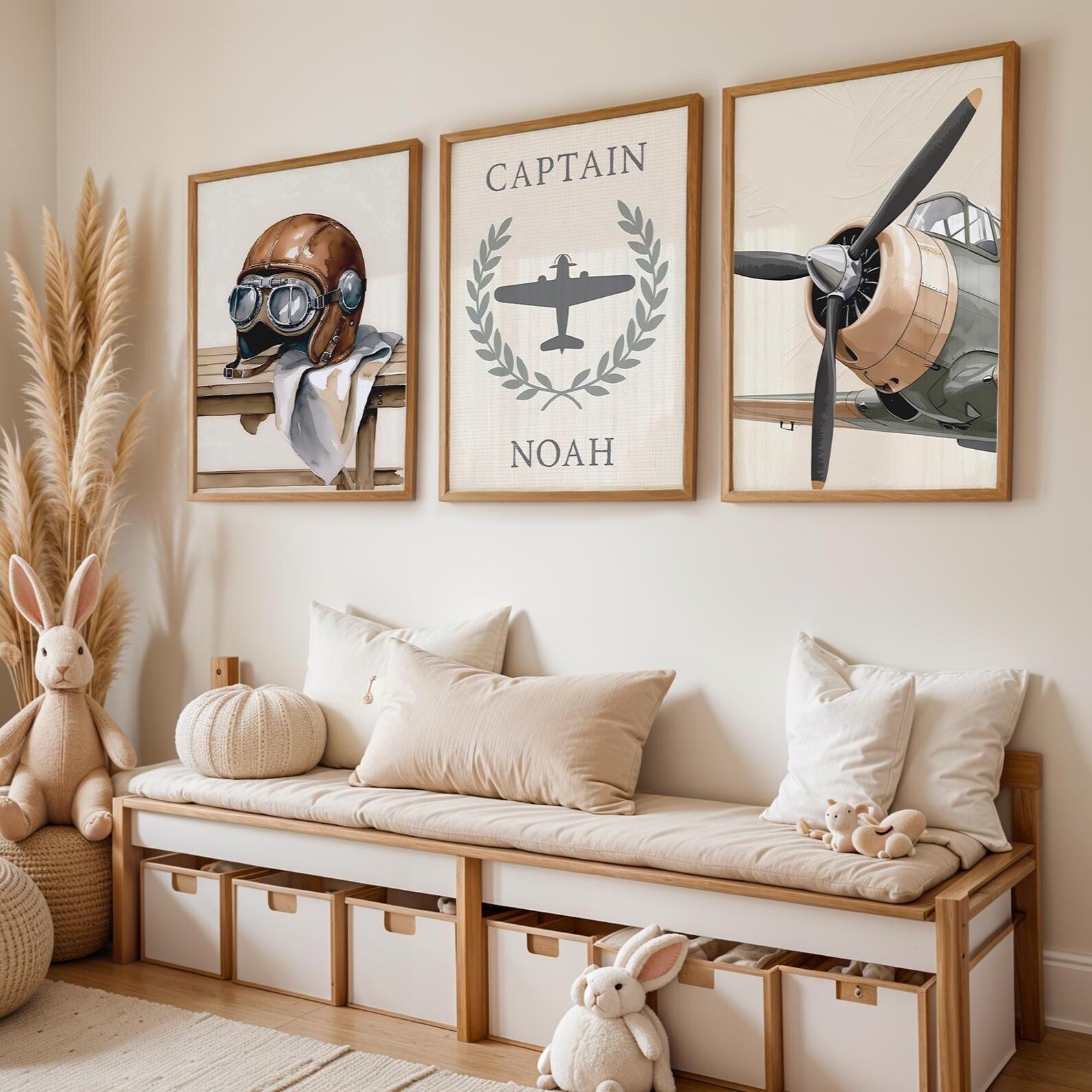 Customizable Pilot Nursery Wall Art Set Vintage Aviator Helmet and ...