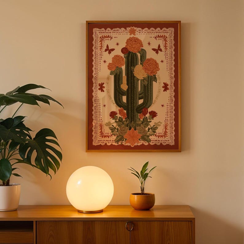 Mexican Folk Art Cactus Digital Print | Desert Wall Art With Flowers ...