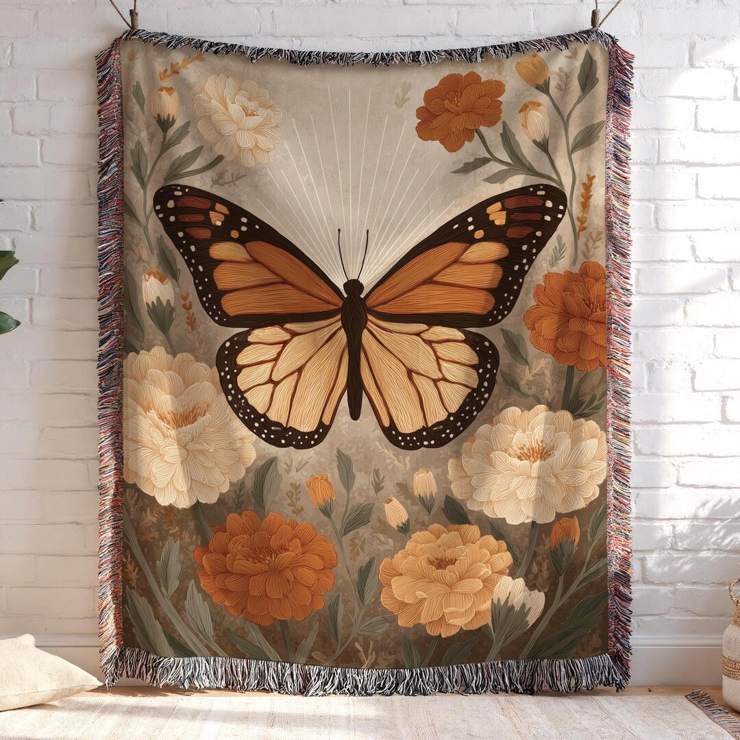 Monarch Butterfly Marigold Woven Blanket | Cozy Folk Art Throw ...