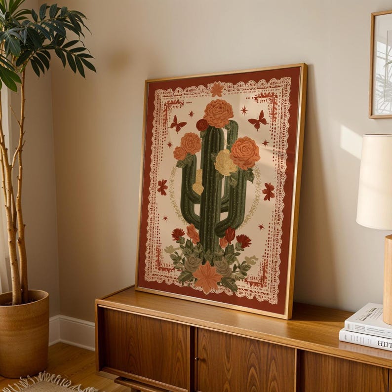 Mexican Folk Art Cactus Digital Print | Desert Wall Art With Flowers ...