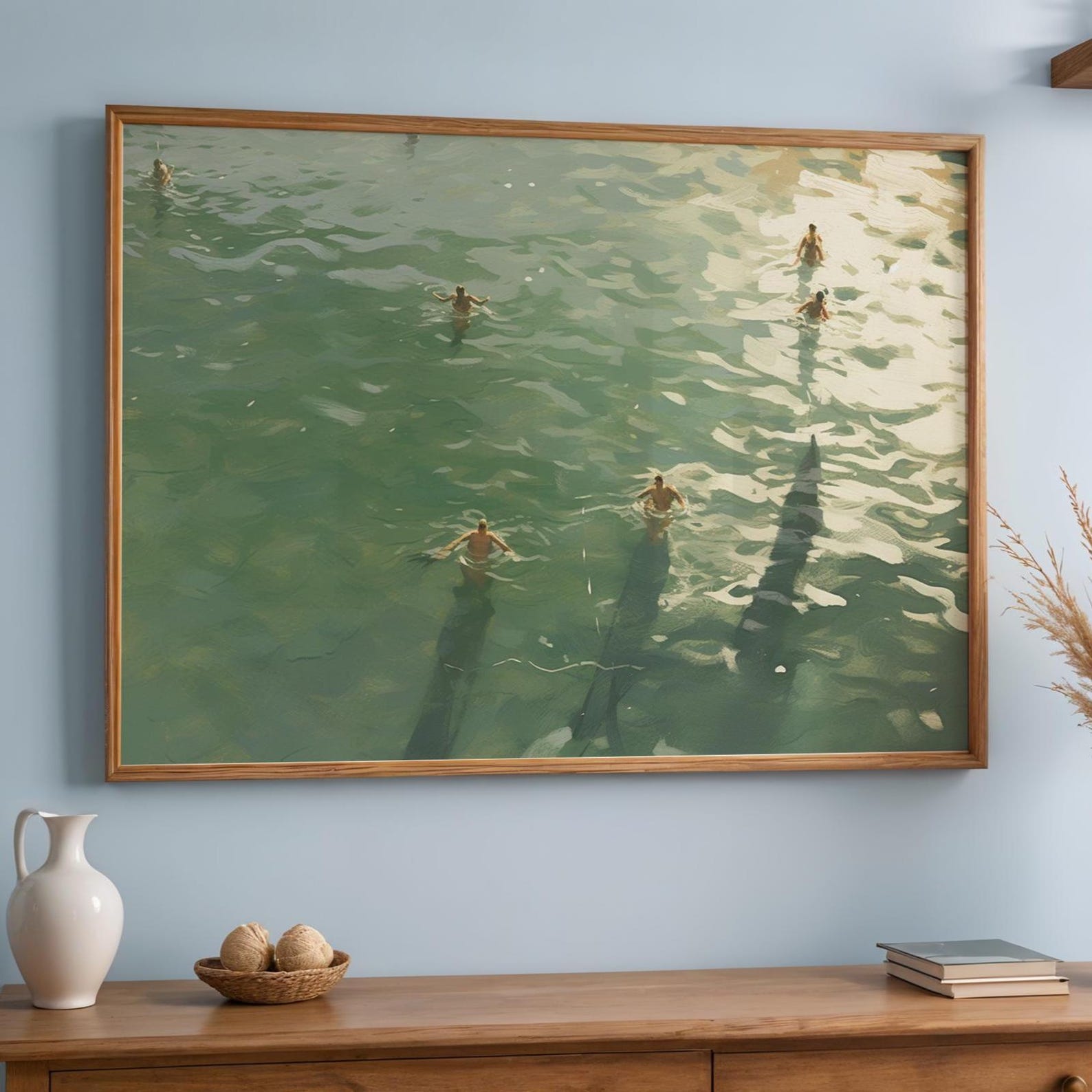 Impressionist Tiny Swimmers Print Aerial Pool Wall Art Tiny People in ...