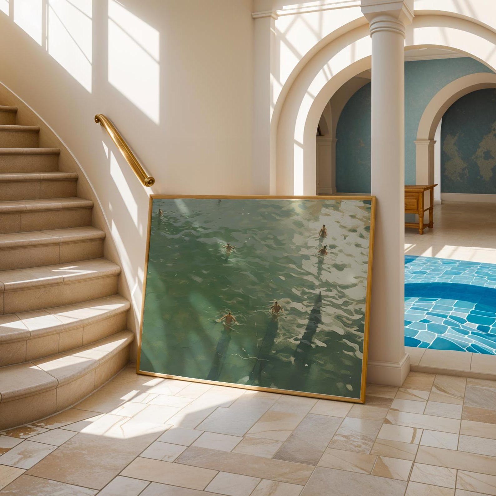 Impressionist Tiny Swimmers Print Aerial Pool Wall Art Tiny People in ...