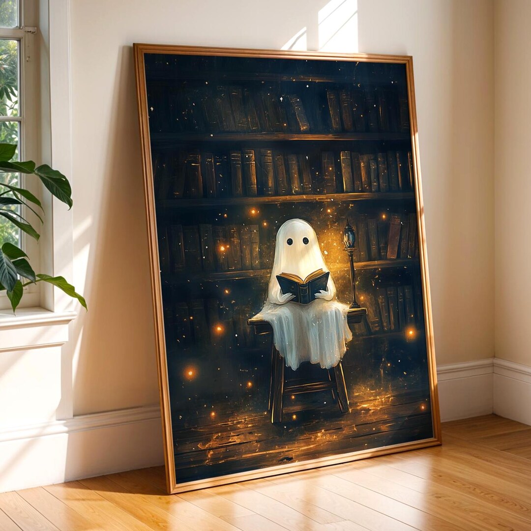 Spooky Ghost Reading in Library Art Print: Halloween Cottagecore Decor ...