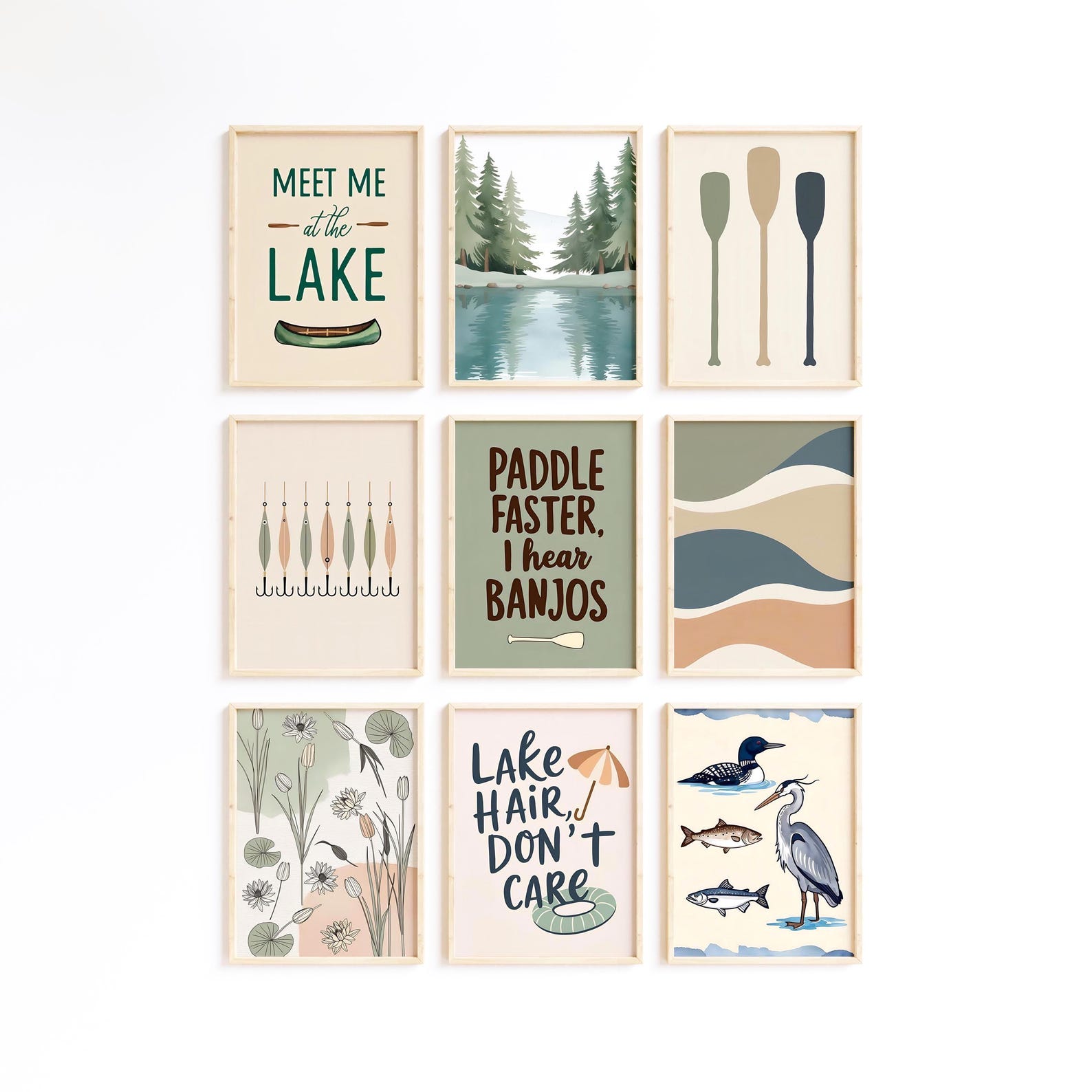 Set of 9 Lake Life Wall Art Lake House Nursery Fishing Nursery Abstract ...