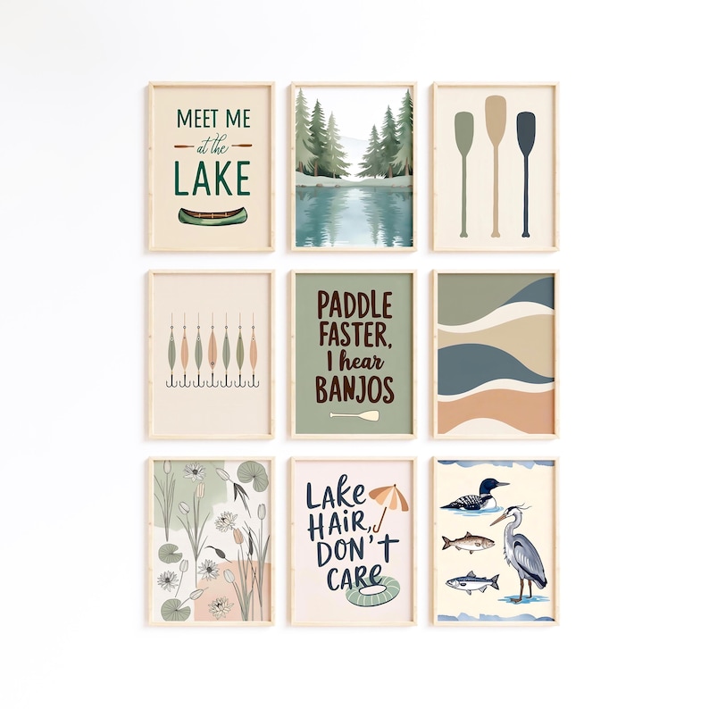 Set of 9 Lake Life Wall Art Lake House Nursery Fishing Nursery Abstract ...