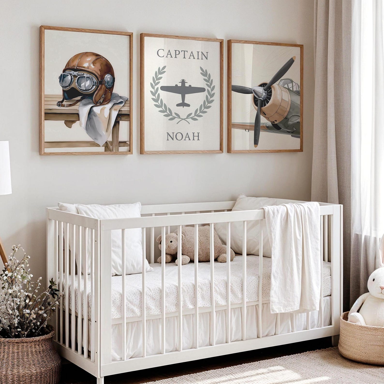 Customizable Pilot Nursery Wall Art Set Vintage Aviator Helmet and ...