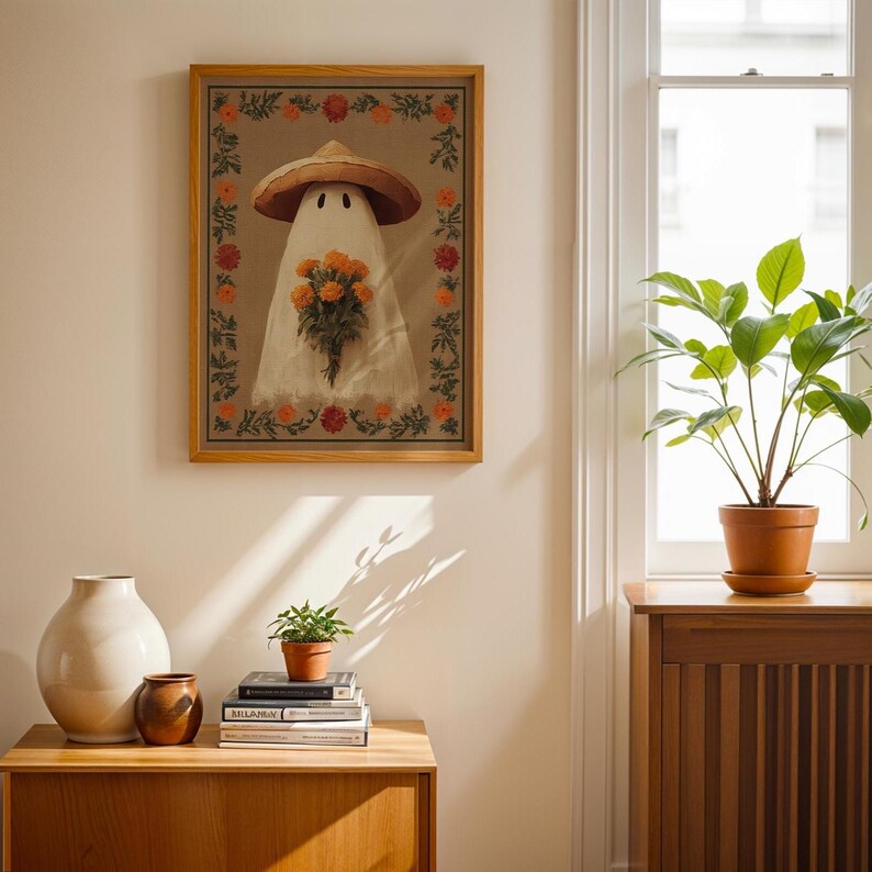 Mexican Ghost Wall Art | Campesino Ghost With Sombrero & Marigolds ...