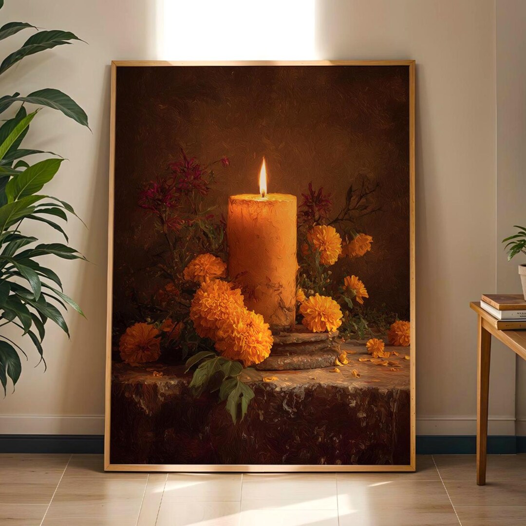 Marigold Candle Día De Los Muertos Art: Rustic Fall Altar Print ...