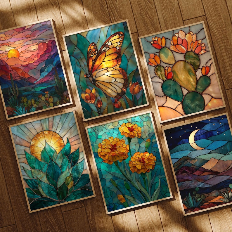 Mexican Desert Sun Moon Wall Art Set | Southwest Stained Glass Style ...