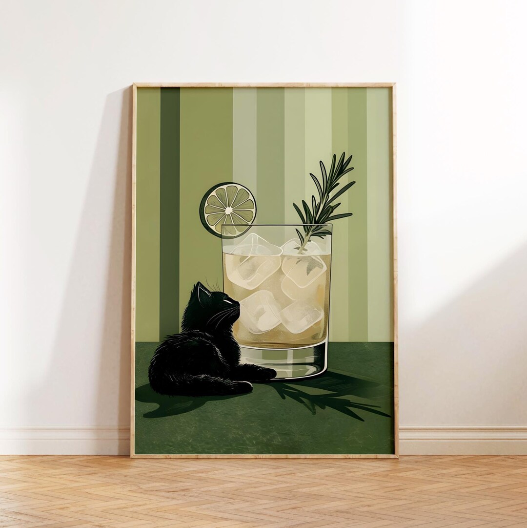 Cocktail Cat Funny Cat Painting Wall Art Digital Download Bar Cart ...