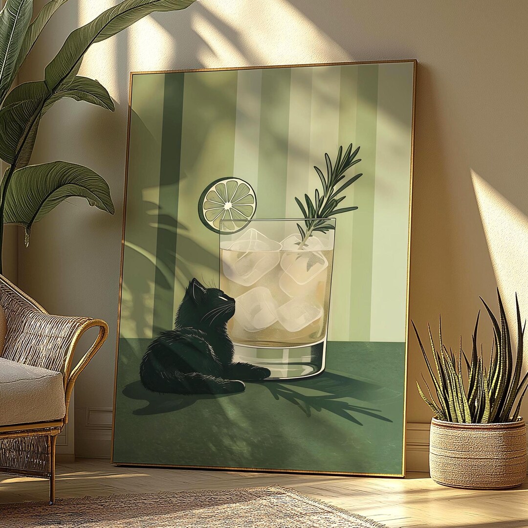Cocktail Cat Funny Cat Painting Wall Art Unframed Poster Bar Cart Print ...