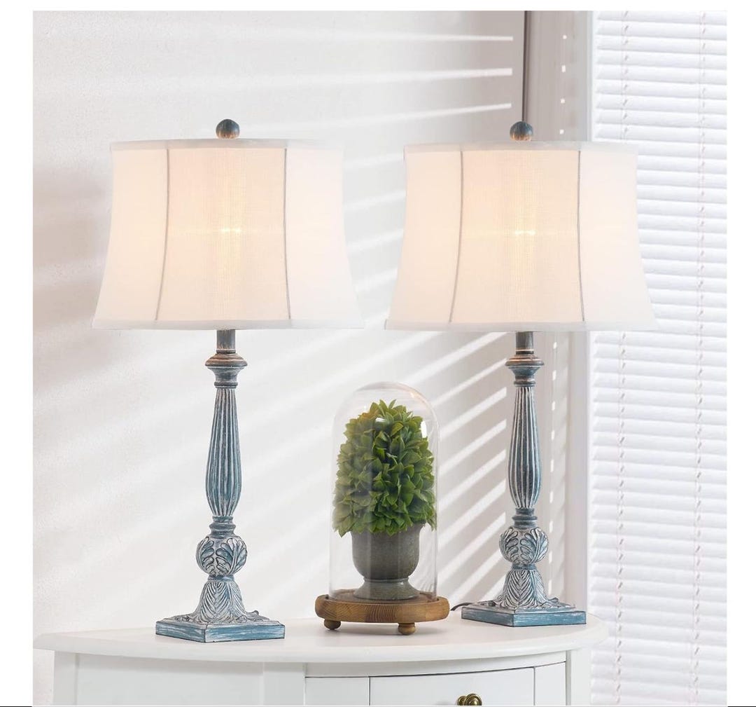 Set of 2 Elegant Distressed Blue Table Lamps With White Finish With ...