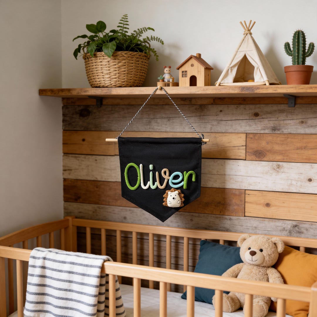 Personalized Boy Name Banner, Woodland Nursery Decor, Black Canvas ...