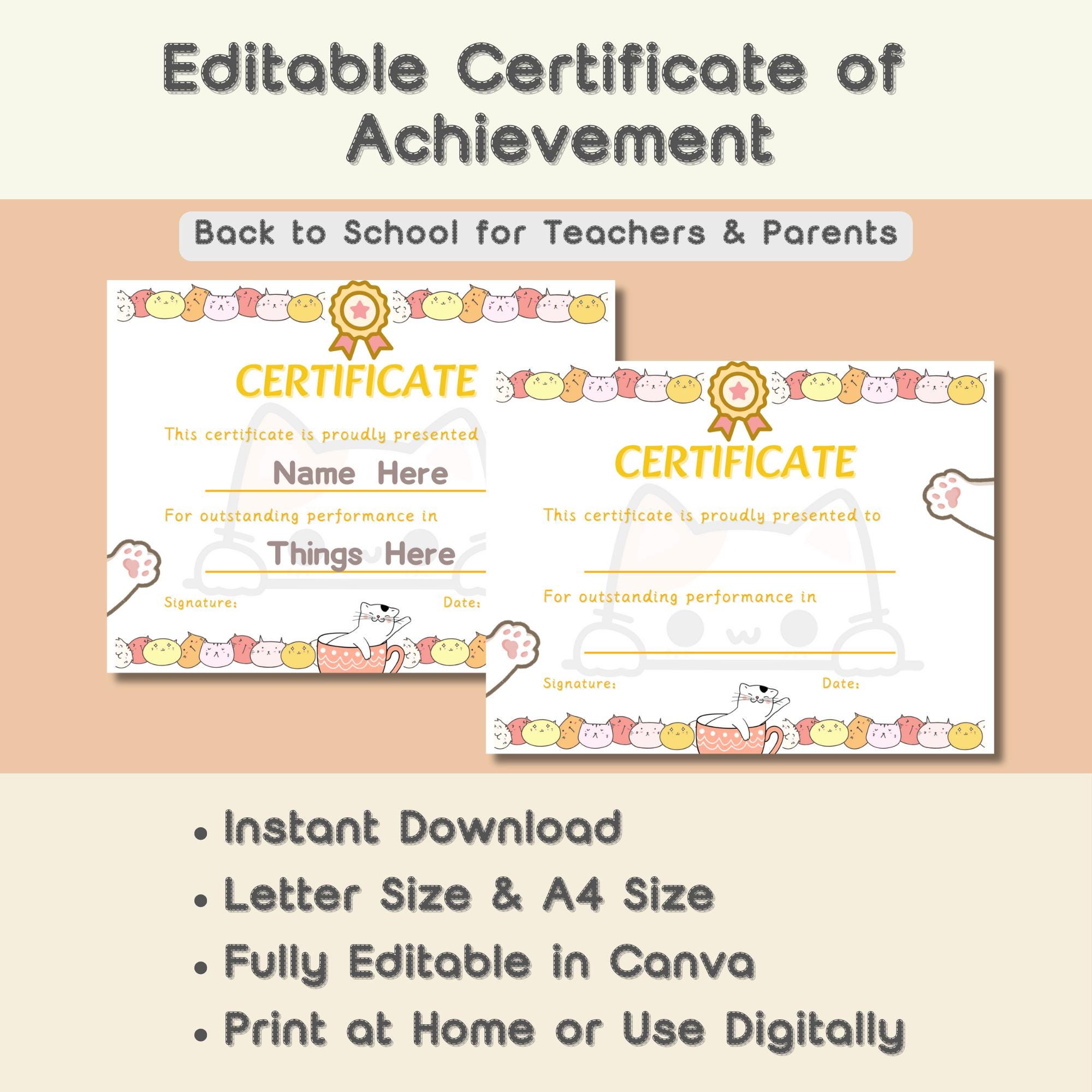 Kids Certificate of Achievement|school Award Ceremony|cute Cat Theme ...