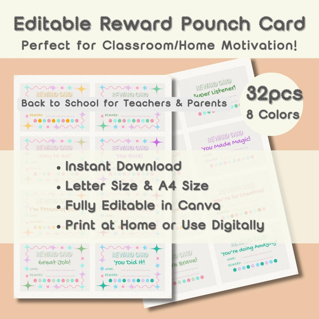 Minimalist Editable Reward Cards| Kids Pounch Cards | Printable Student ...