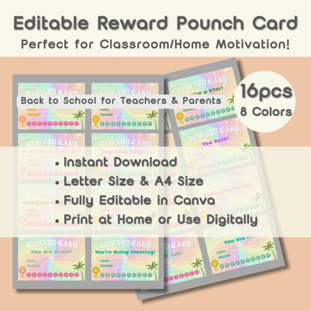 Rainbow Reward Card| Editable Pounch Card for Kids Students Events ...