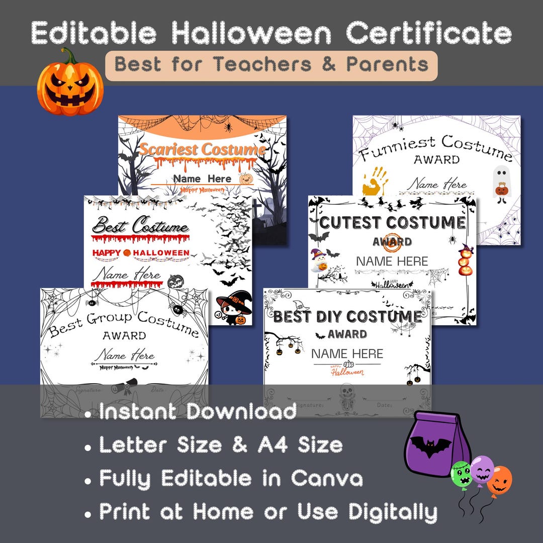 Halloween Party Certificates| Halloween Costume Award Certificates for ...