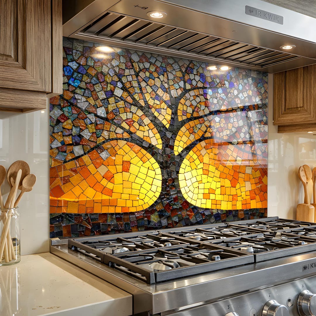 Mosaic Tree Tempered Glass Kitchen Backsplash, Heat Resistant Stove ...
