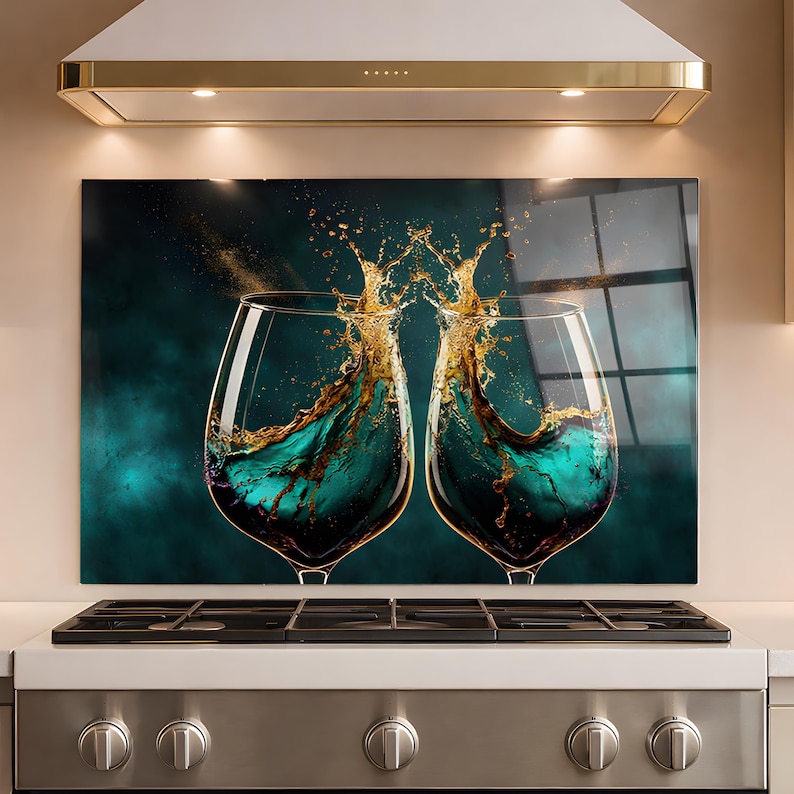 Wine Glass Splash Art Tempered Glass Backsplash, Heat Resistant Kitchen ...