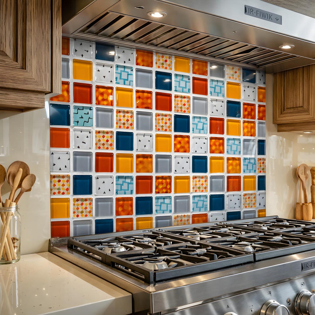 Mosaic Tempered Glass Backsplash, Retro Geometric Stove Splash Guard ...