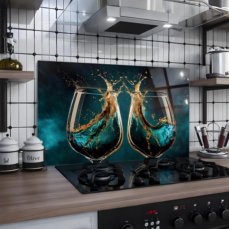 Wine Glass Splash Art Tempered Glass Backsplash, Heat Resistant Kitchen ...