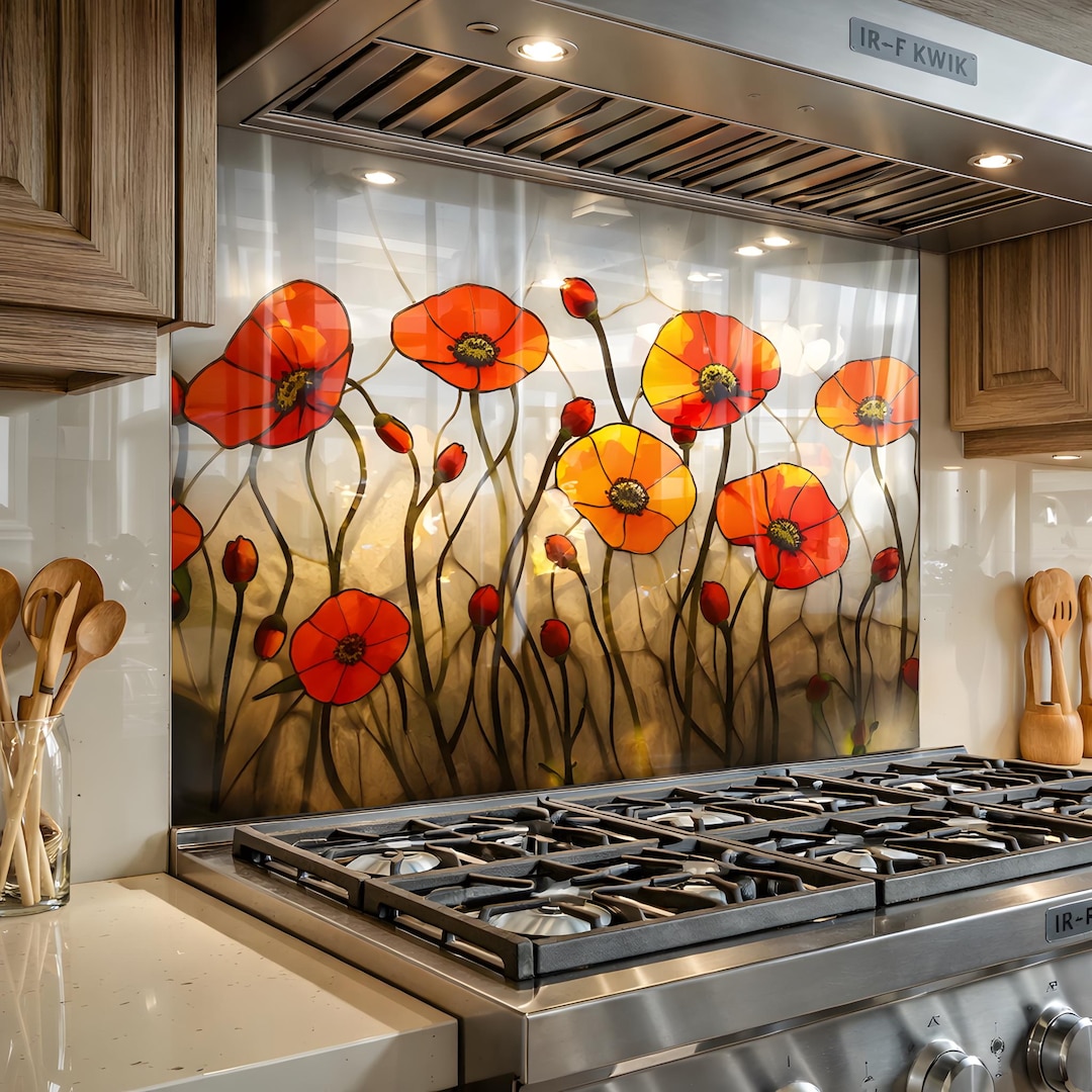 Red Poppy Tempered Glass Kitchen Backsplash, Stove Splash Guard Panel ...