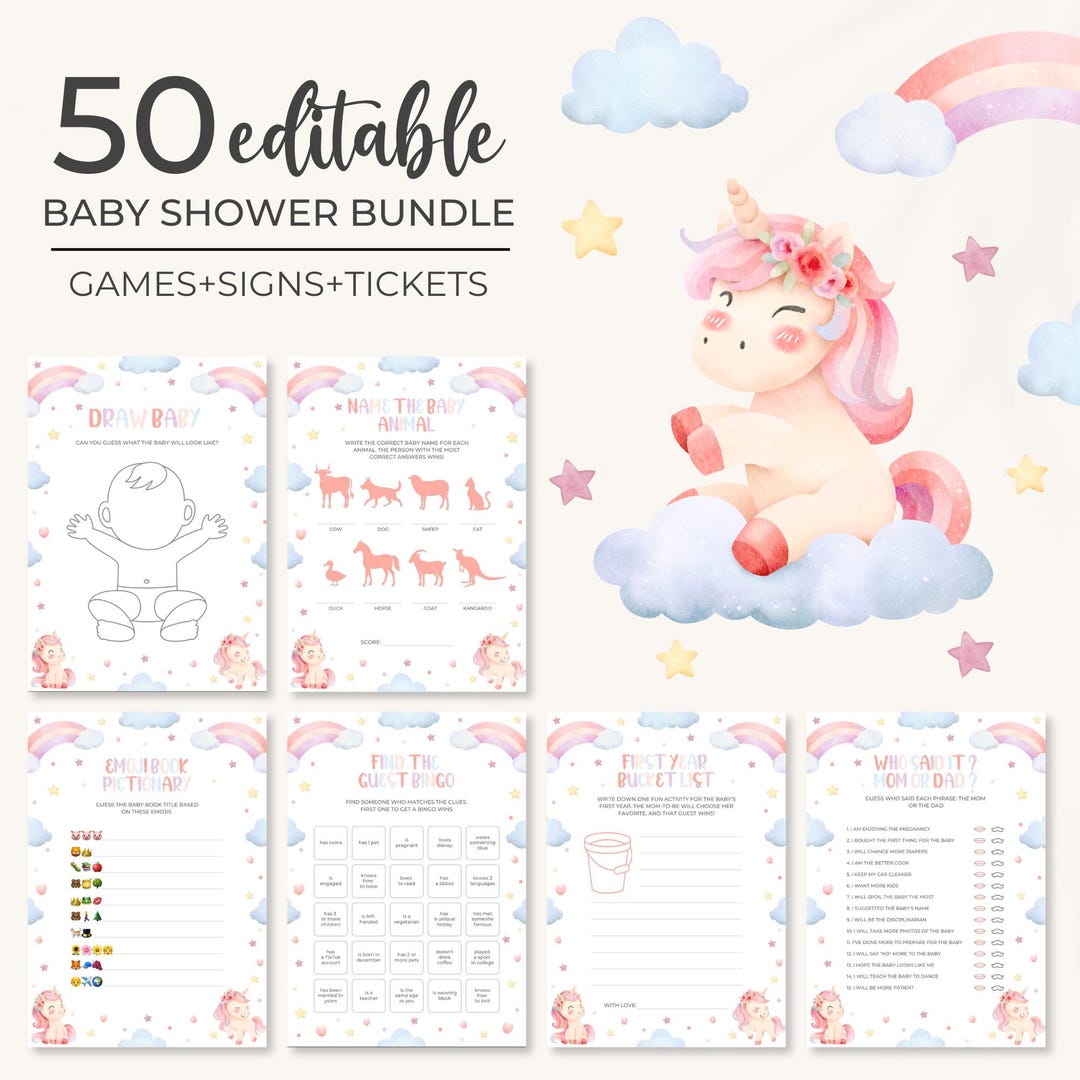 Editable Unicorn Baby Shower Game Bundle | Rainbow Pink Unicorn Girl’s ...