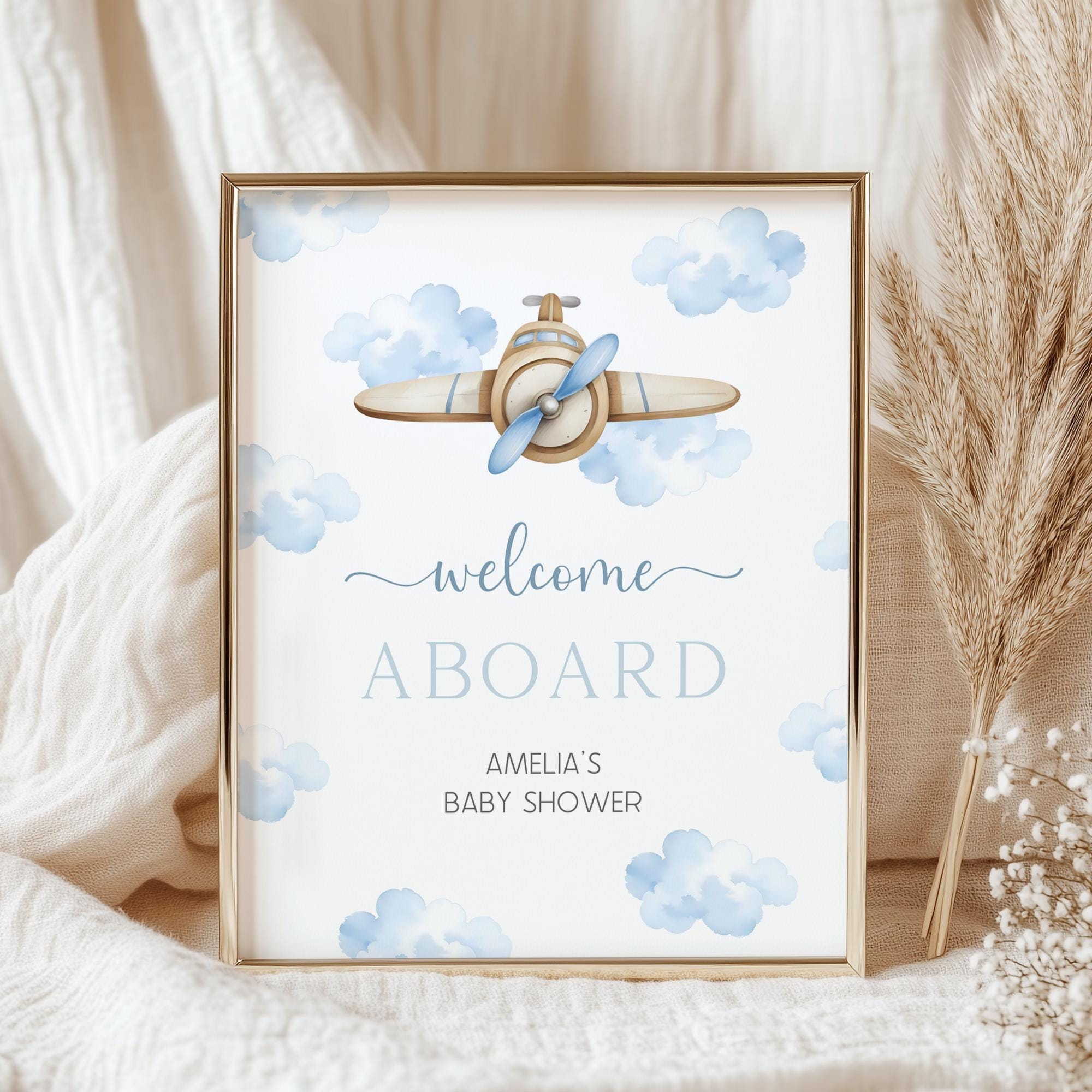 Blue Airplane Baby Shower Table Signs Bundle | Editable Vintage Plane ...