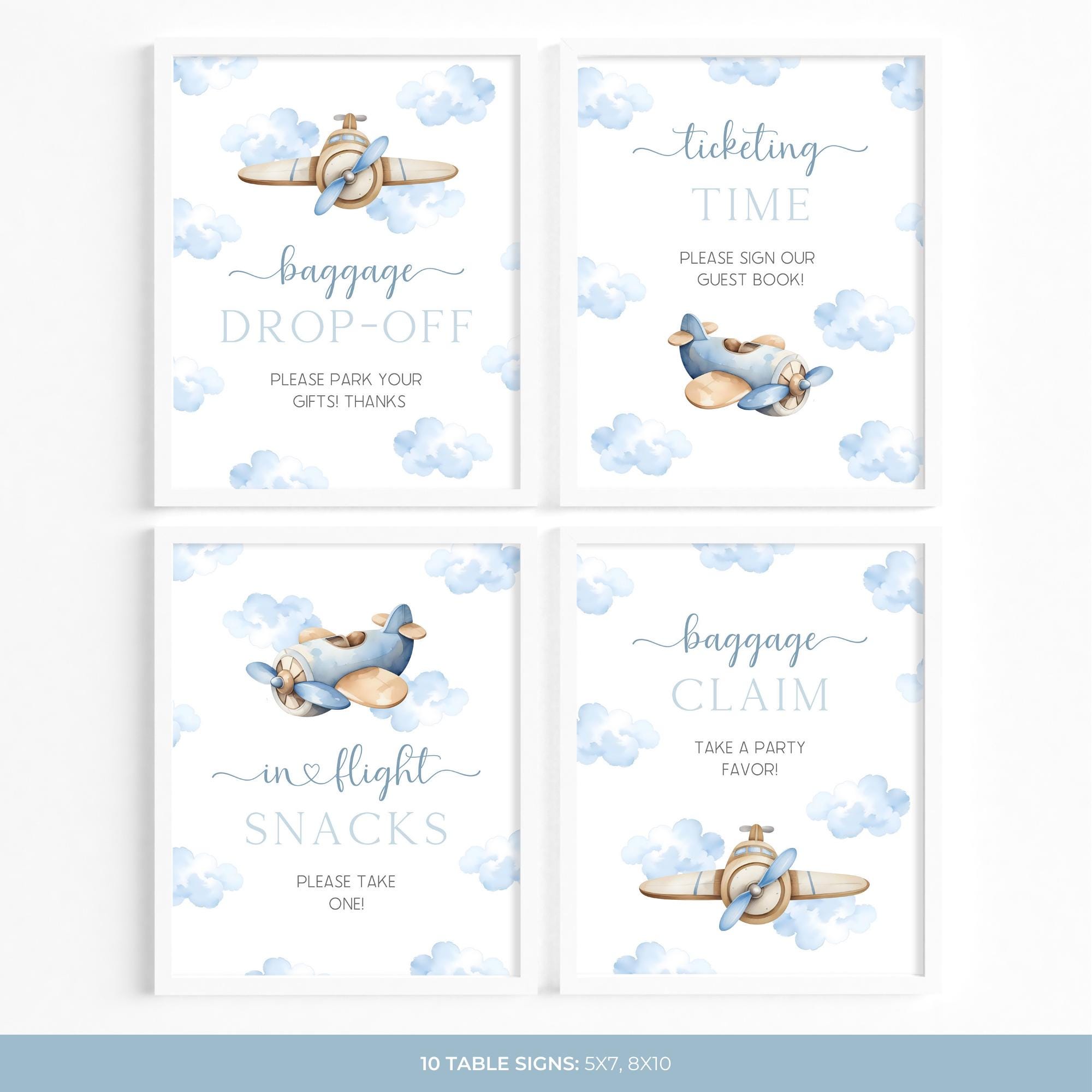 Blue Airplane Baby Shower Table Signs Bundle | Editable Vintage Plane ...