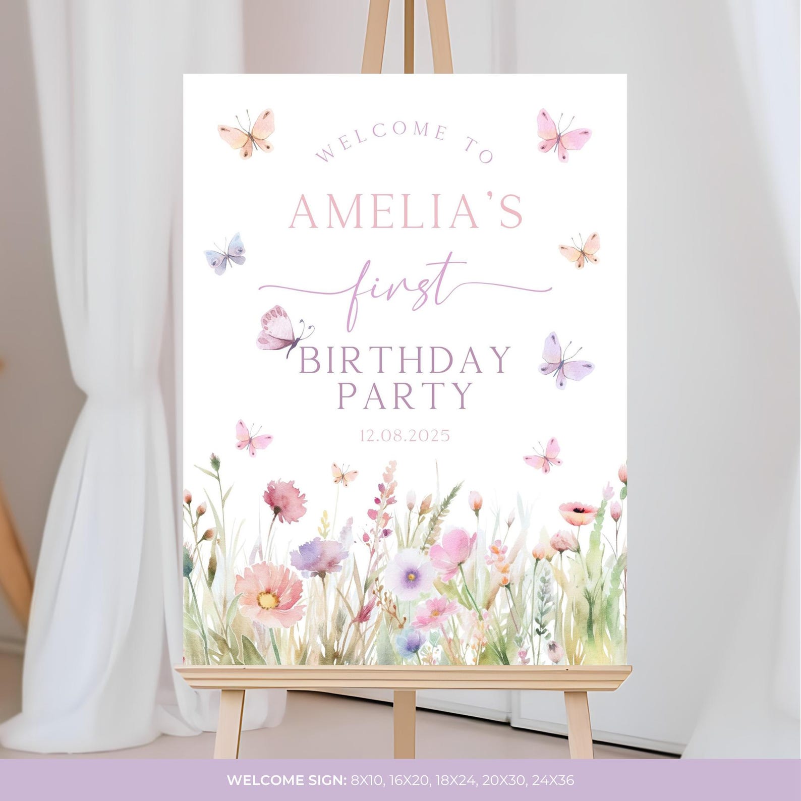 Butterfly 1st Birthday Welcome Sign | Pink Wildflower Welcome Poster | Girl Butterfly Party ...