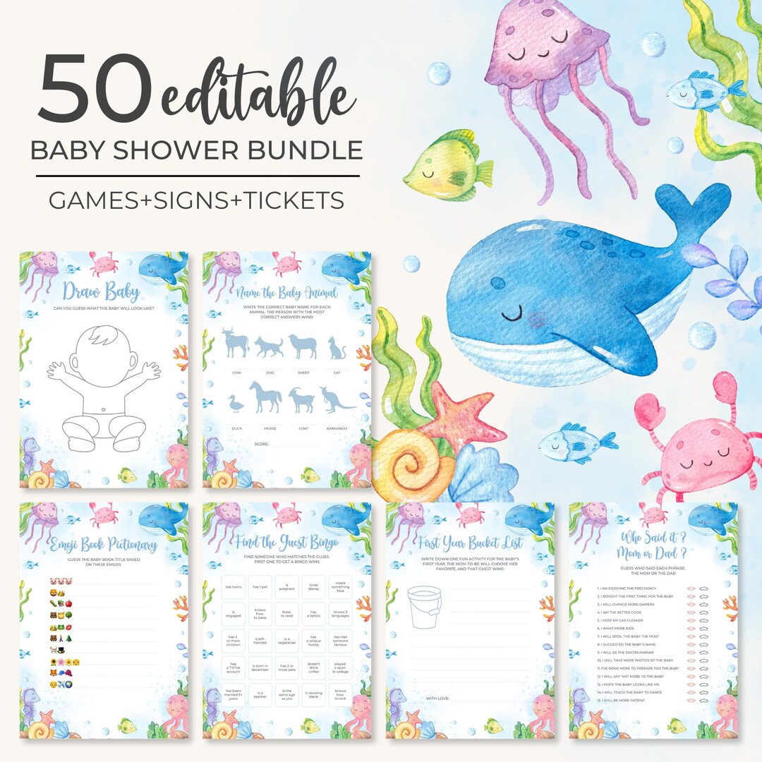 Editable Under the Sea Baby Shower Games Bundle | Ocean Animals Baby ...
