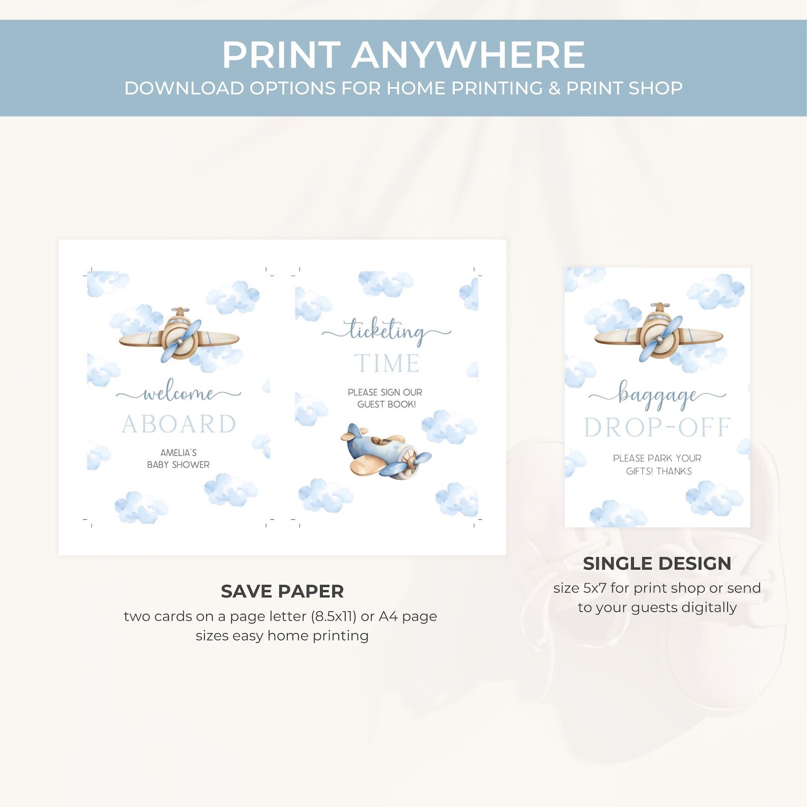 Blue Airplane Baby Shower Table Signs Bundle | Editable Vintage Plane ...