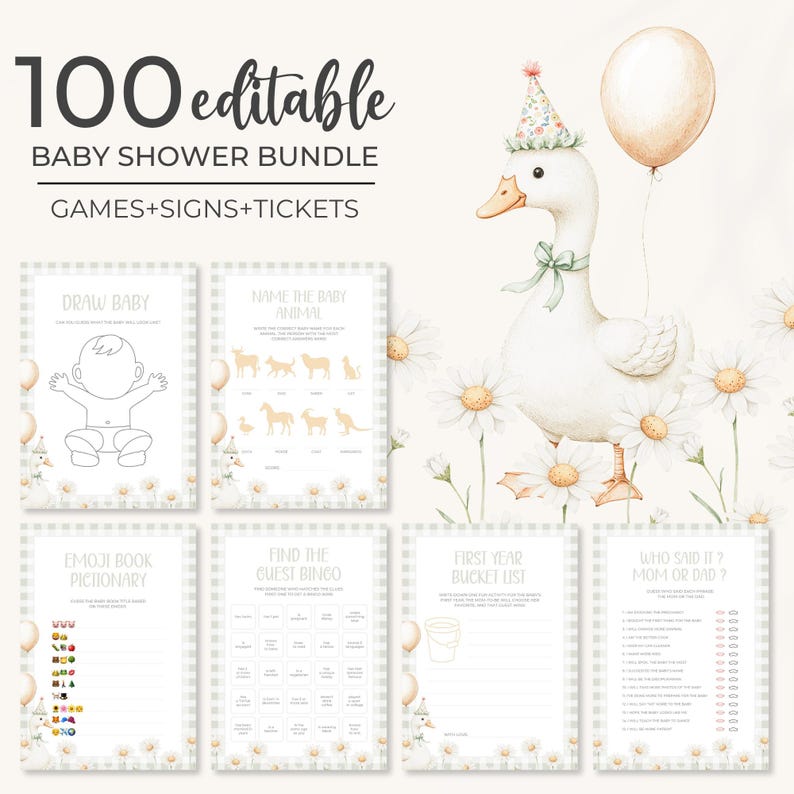 Editable Silly Goose Baby Shower Games Bundle | Floral Goose Baby ...