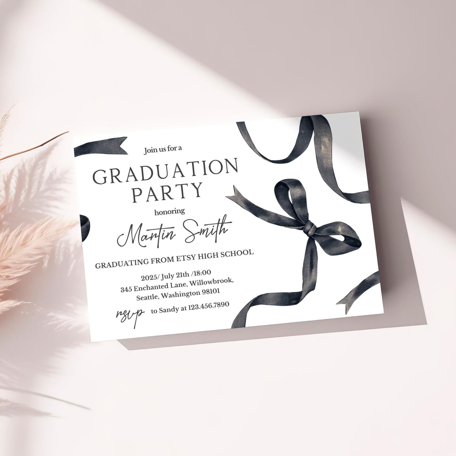 Minimal Black Bow Graduation Party Invitation | College Senior ...