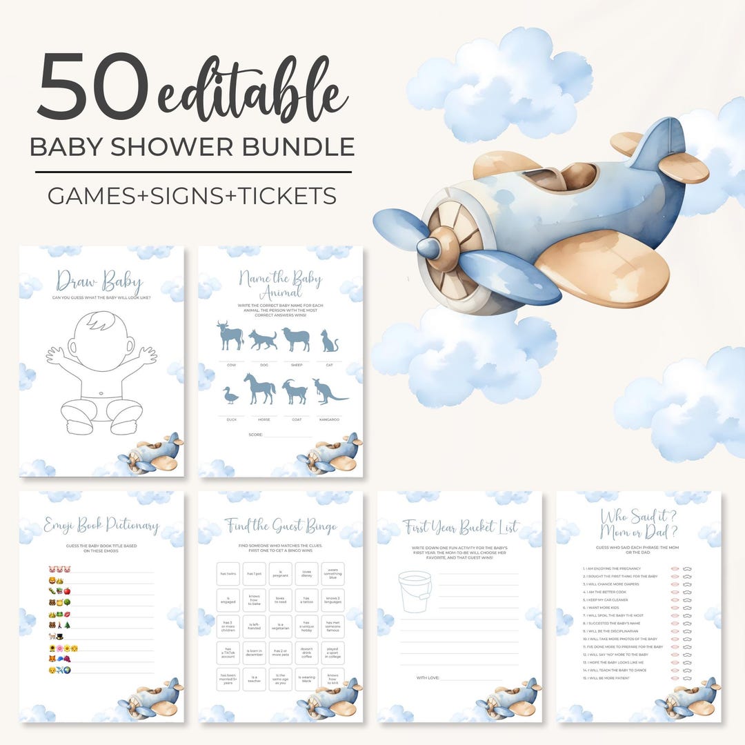 Airplane Baby Shower Games Bundle | Vintage Blue Plane Baby Shower ...
