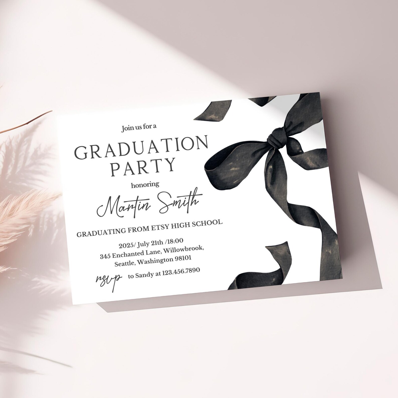 Black Bow Graduation Invitation Template | Class 2025 Grad Invite ...