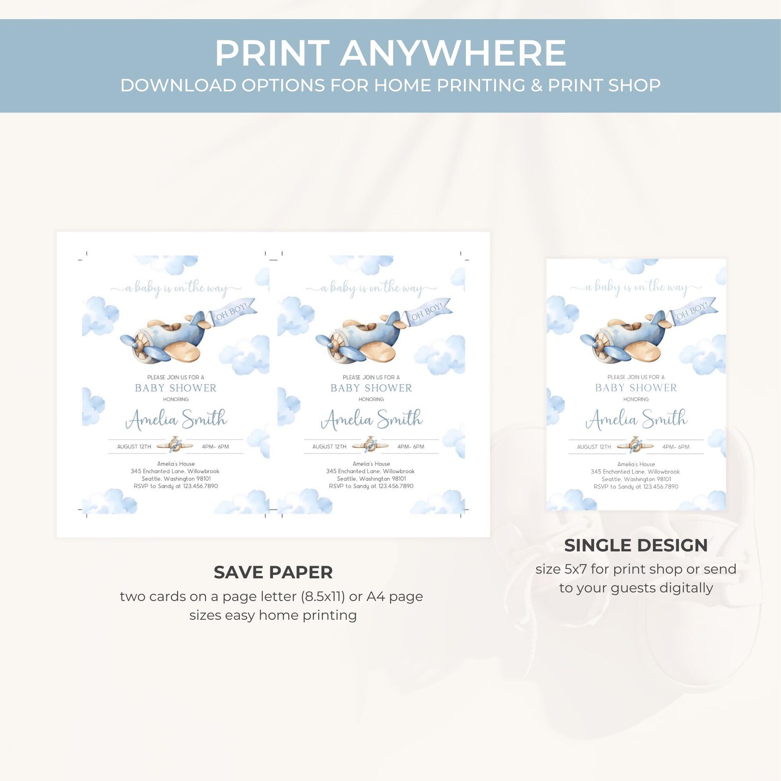 Airplane Baby Shower Invitation Bundle | Vintage Blue Plane Baby Shower ...