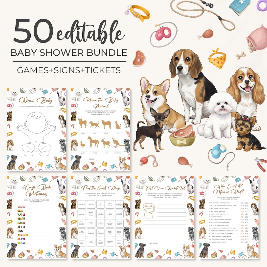 Editable Dog Baby Shower Game Bundle | Let's Pawty Puppy Baby Shower ...