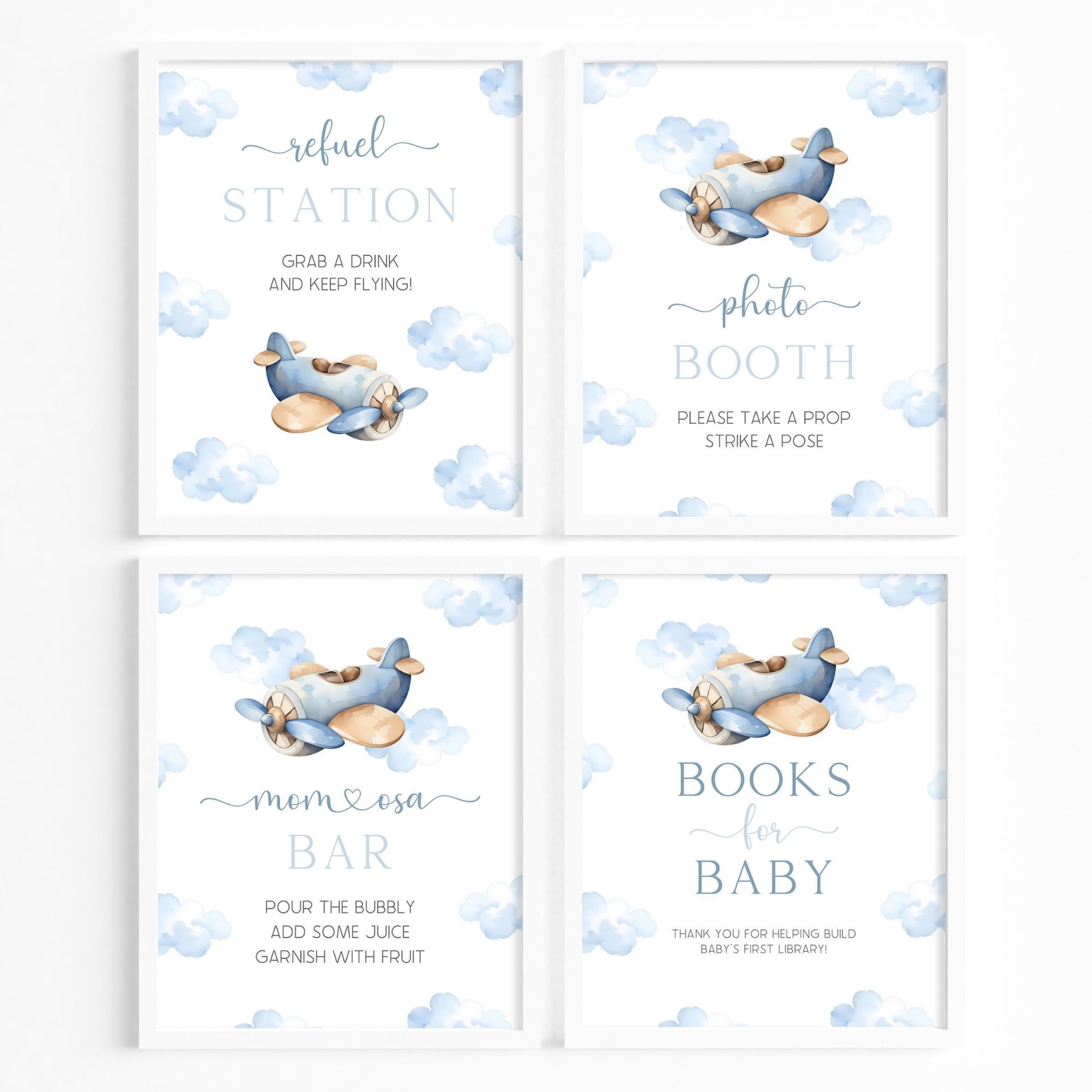 Blue Airplane Baby Shower Table Signs Bundle | Editable Vintage Plane ...