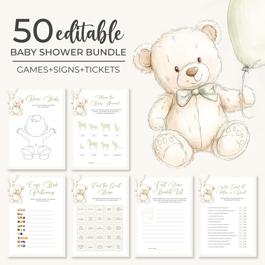Teddy Bear Balloon Baby Shower Game Bundle | We Can Bearly Wait Baby ...