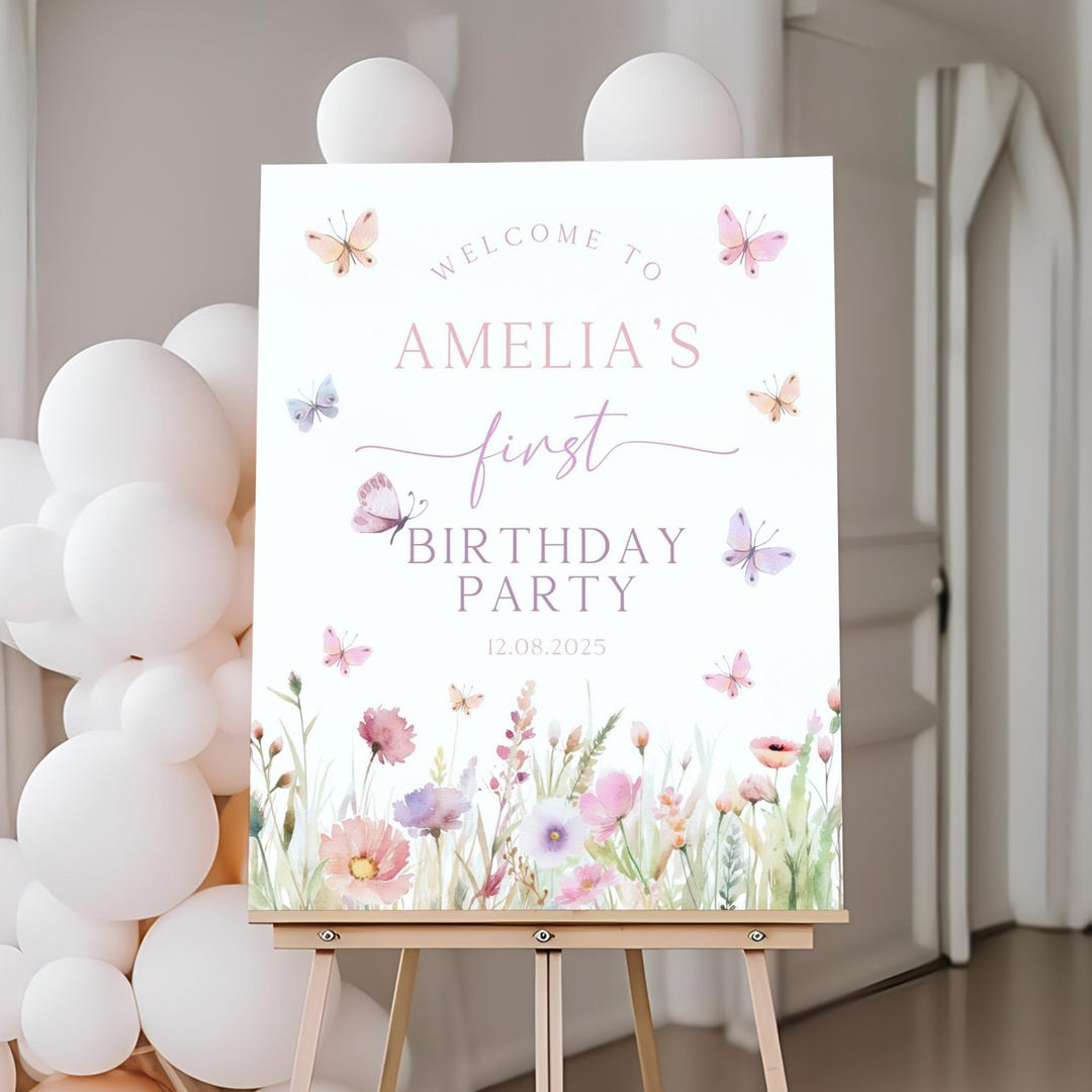 Butterfly 1st Birthday Welcome Sign | Pink Wildflower Welcome Poster ...