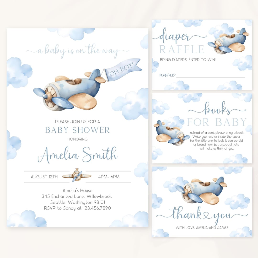 Airplane Baby Shower Invitation Bundle | Vintage Blue Plane Baby Shower ...