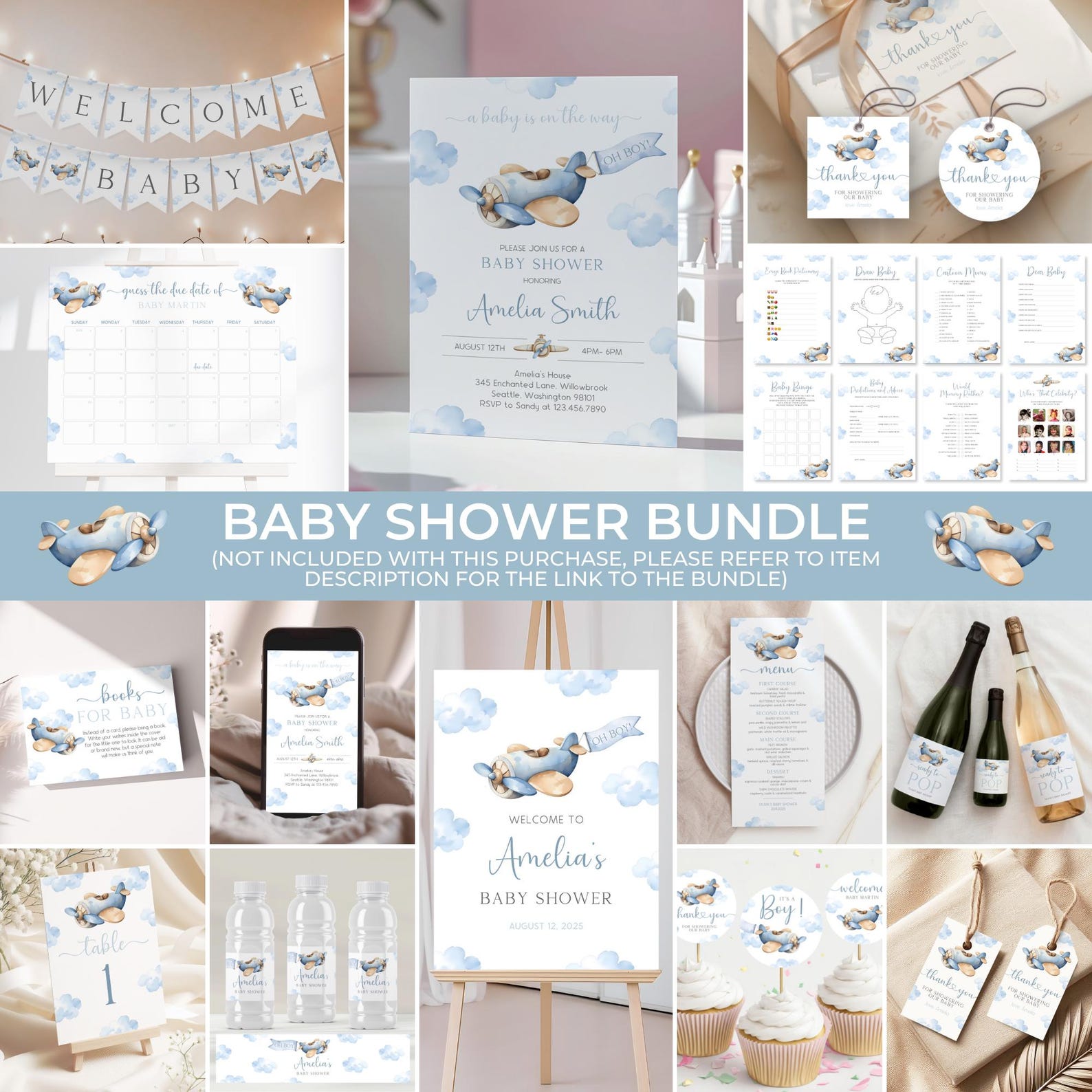 Blue Airplane Baby Shower Table Signs Bundle | Editable Vintage Plane ...