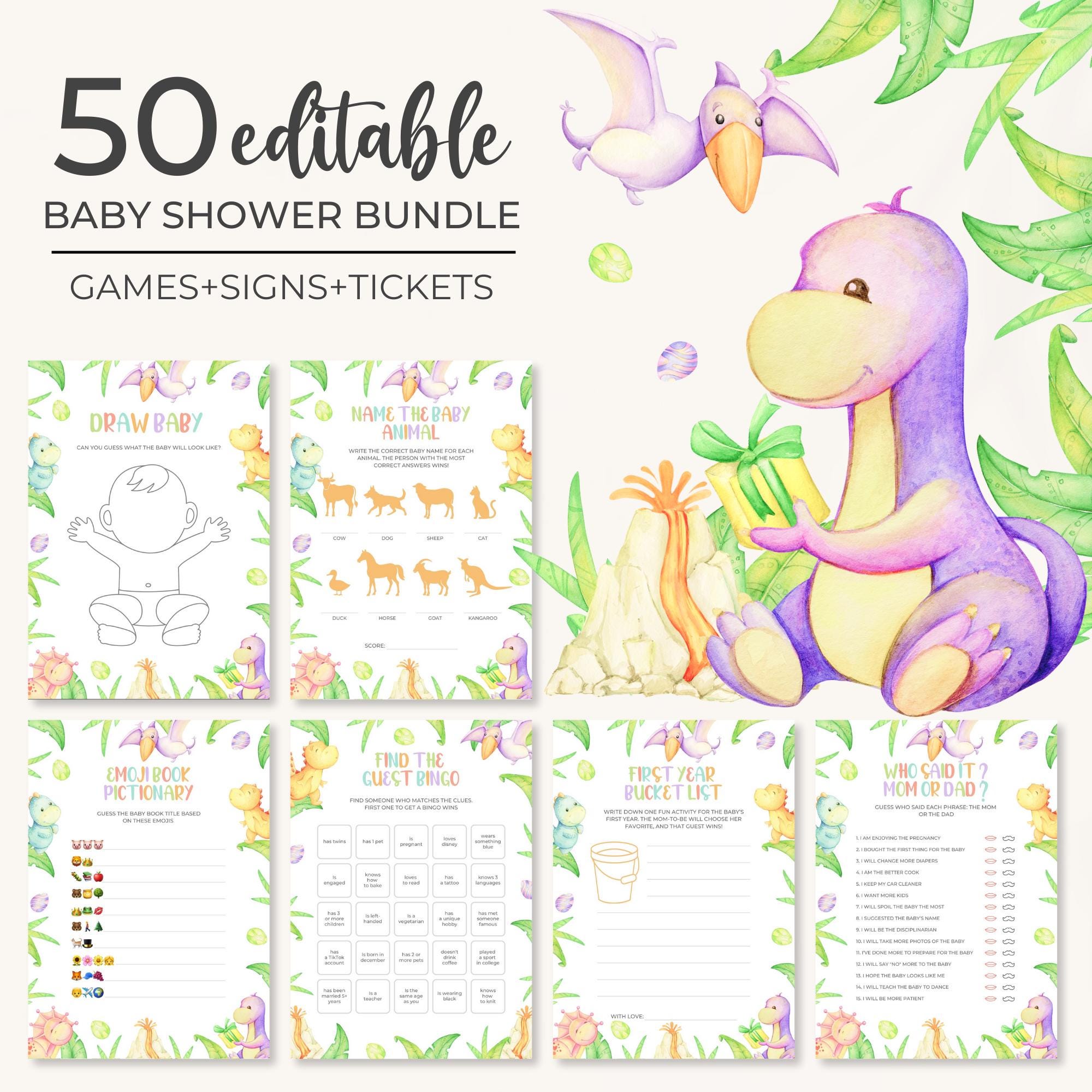 Editable Dinosaur Baby Shower Game Bundle | Greenery Dino Baby Shower ...