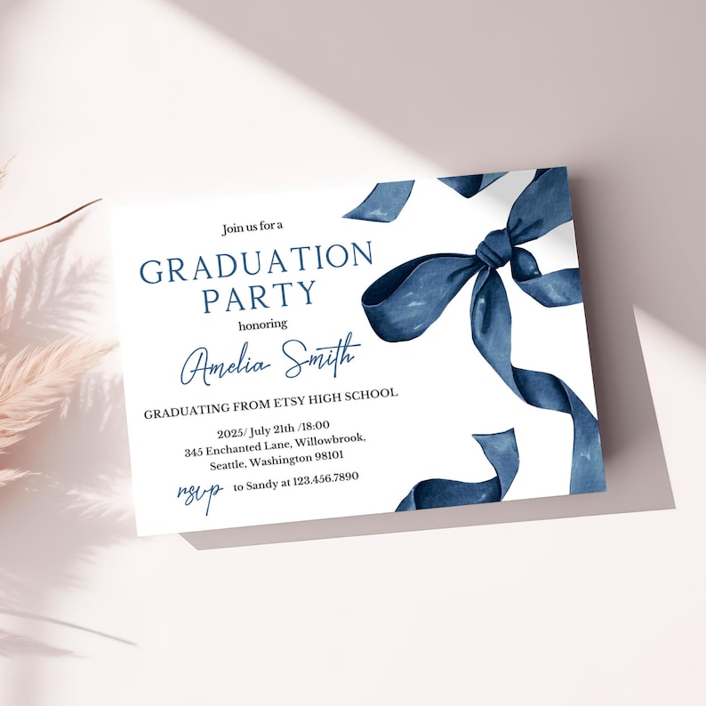 Blue Bow Graduation Party Invitation | Graduation Invitation College ...